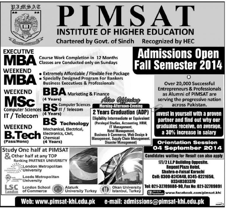Pimsat Institute Higher Education Lahore Admissions 2016