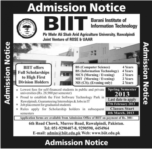 Barani Institute of Information Technology Admissions 2020 Last Date