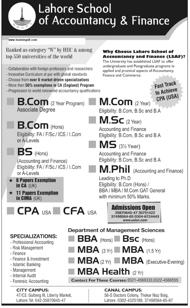 LSAF Lahore Undergraduate BS Admission 2024 Last Date
