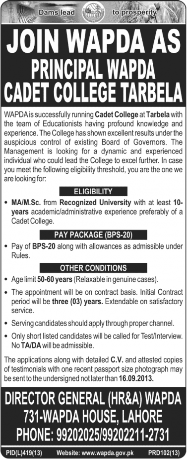 Join Wapda As Principal Wapda Cadet College Tarbela