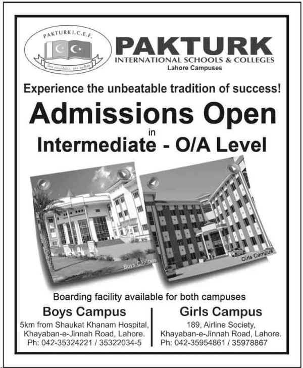 Admissions in PAKTURK International School & College Lahore