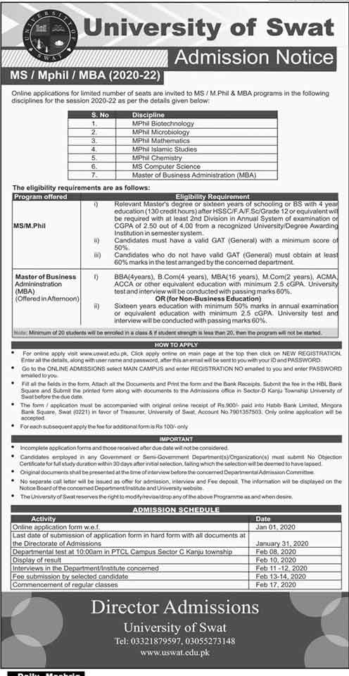 University of Swat Admissions 2020 BS / MS / MBA Test Registration
