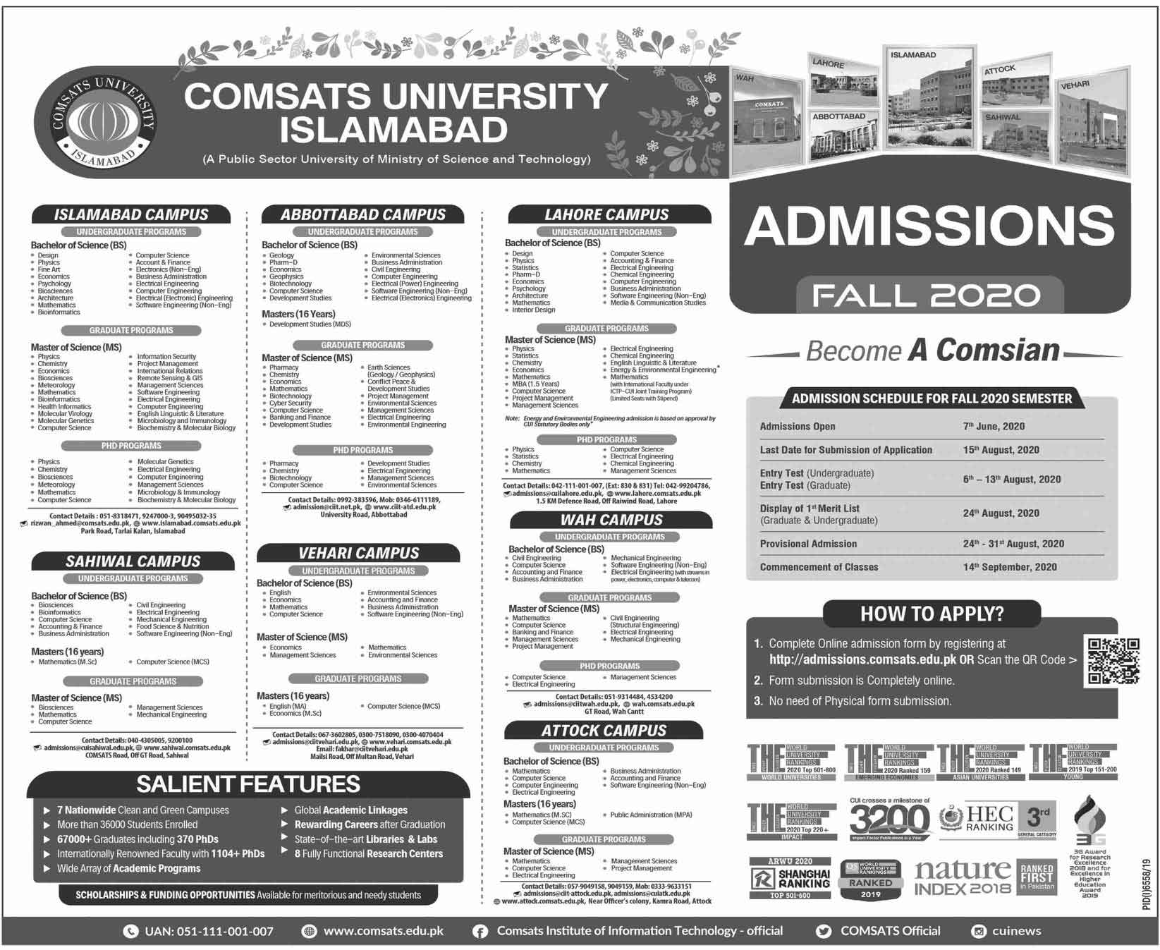 Comsats Institute Campuses Admissions 2020 Merit List Entry Test Date