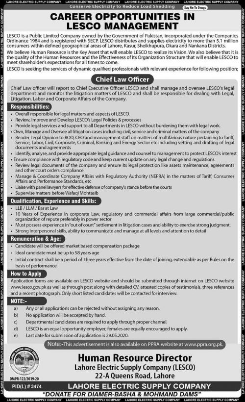 Lahore Electric Supply Company LESCO Jobs 2020 Chief Law Officer