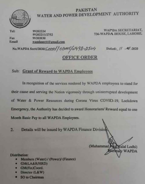 One Month Basic Pay to all WAPDA Employees Reward of COVID19