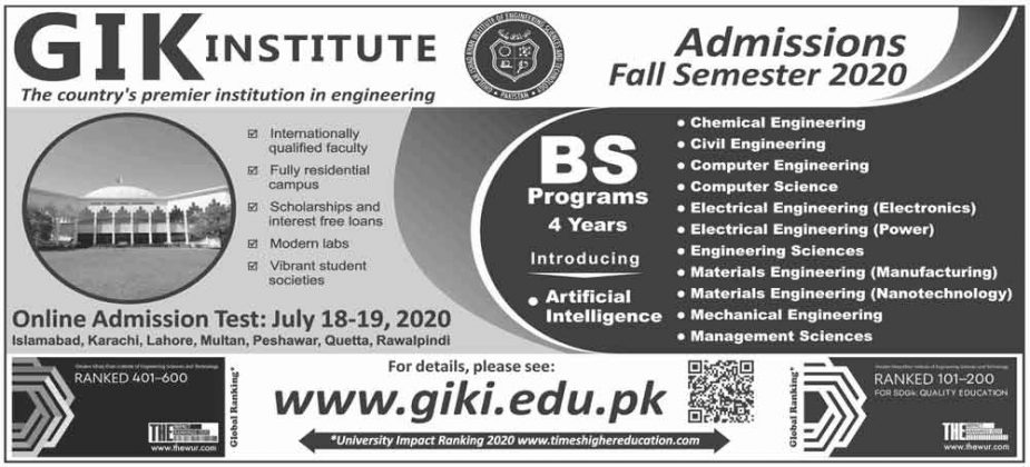 GIKI Institute Undergraduate Admissions 2020 Form Fees Entry Test