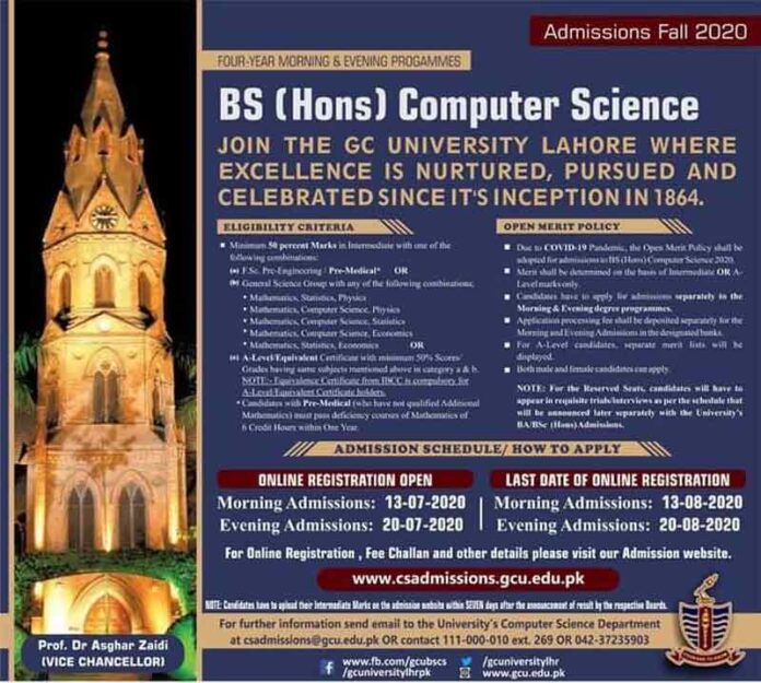 GC University Lahore Admission in BS Hons BSCS Computer Science GC University Lahore Admission in BS Hons BSCS Computer Science