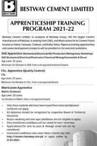 Bestway Cement Apprenticeship Trainee Program 2021 Last Date