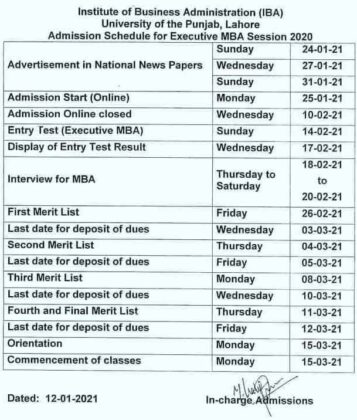 IBA Punjab University Lahore Admission 2021 MBA Test Date Merit List