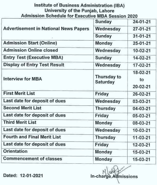IBA Punjab University Lahore Admission 2021 MBA Test Date Merit List