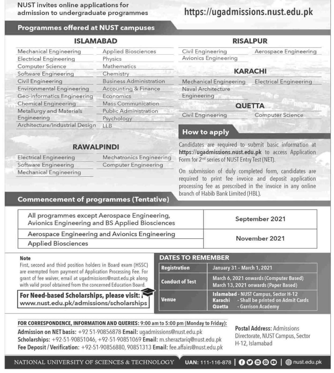 NUST Online Admissions 2021 Entry Test Result Merit List
