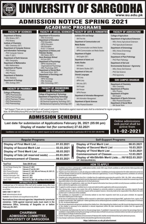 University of Sargodha Merit List 2021 UOS 1st, 2nd, 3rd