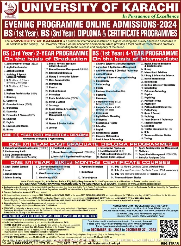 University Of Karachi Admission 2024 BA/BSC/BCom Schedule