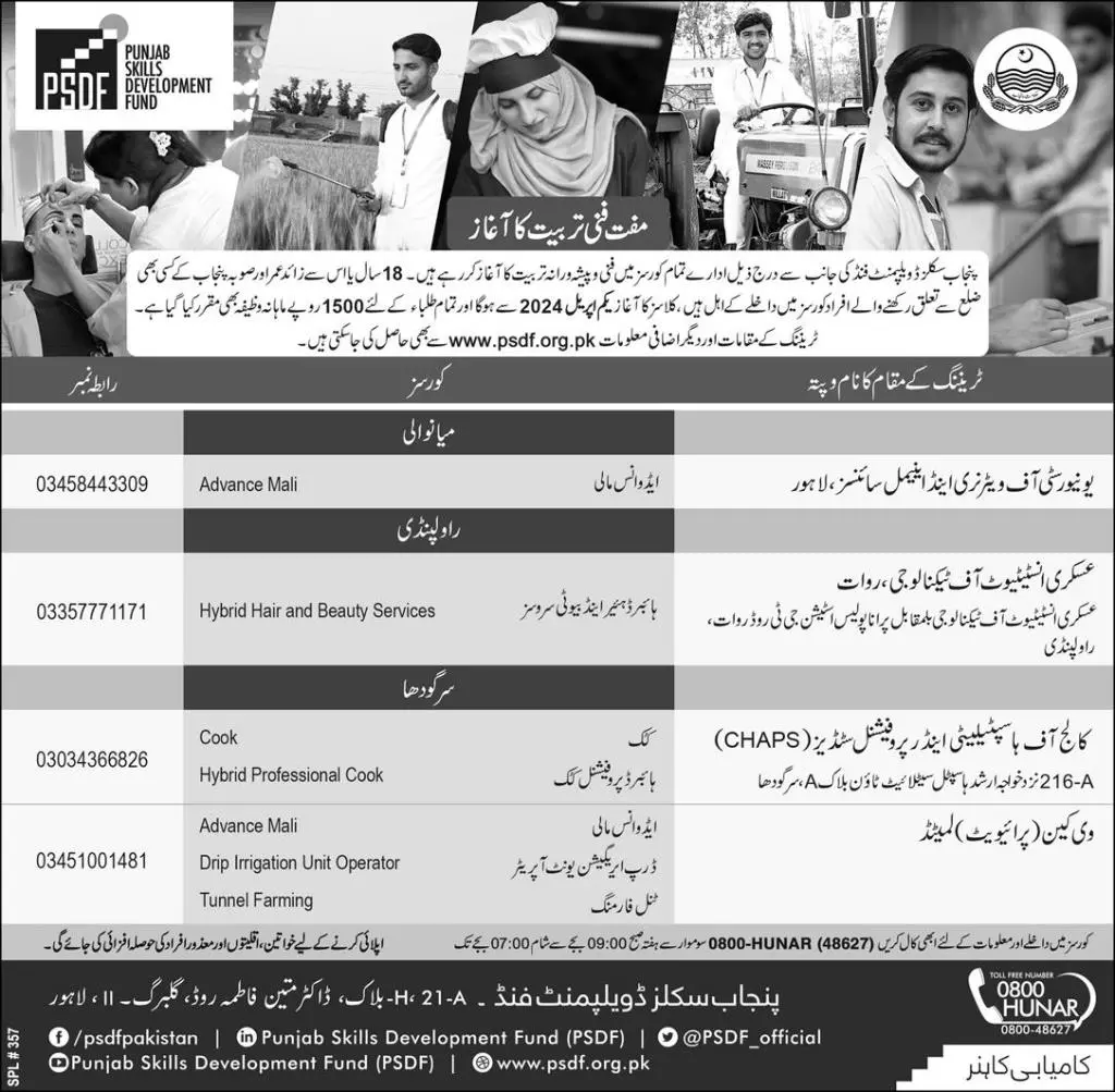 PSDF Free Courses 2024 Training Program Punjab Skills Development Fund
